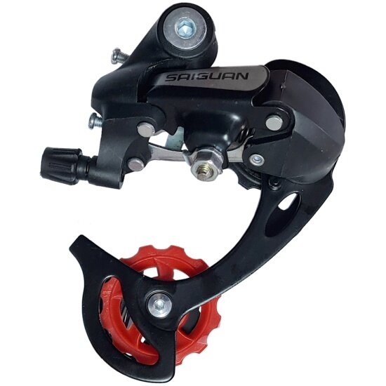 Переключатель задний Saiguan HG-36A дискретный длинная лапка, ёмкость 43T, крепление на петух, сталь/пластик, черный
