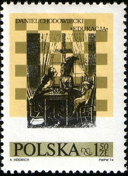 (1974-031) Марка Польша "Преподавание Даниила Ходовецкого" 10-й Международный шахматный фестиваль