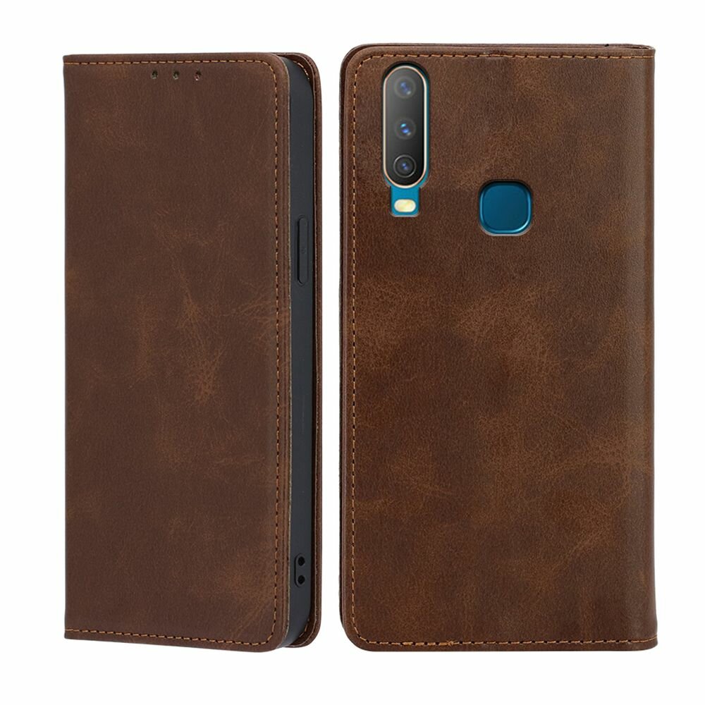 Чехол-книжка MyPads для Vivo Y17 / Y12 / Виво Y12/Y17, Телячья кожа, закрывающаяся на магнит, коричневый