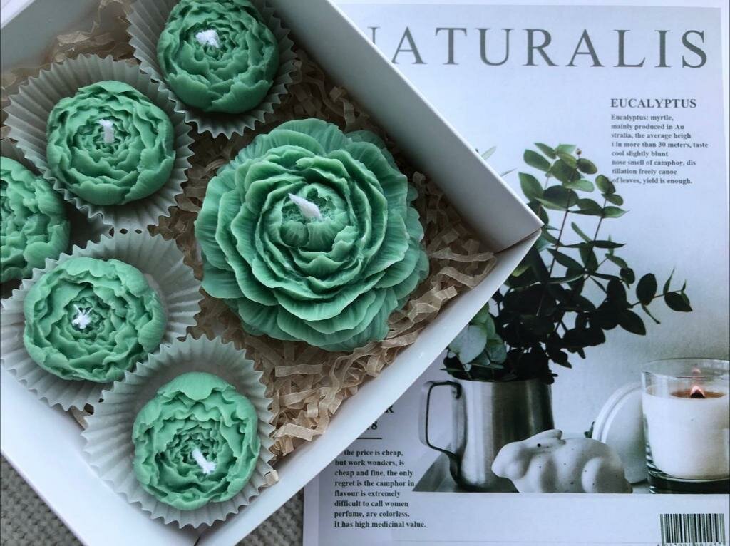 Набор интерьерных свечей в форме одного большого и 5 маленьких пионов "Зеленая симфония"/Нежная нежность/Уют и тепло в вашем доме/