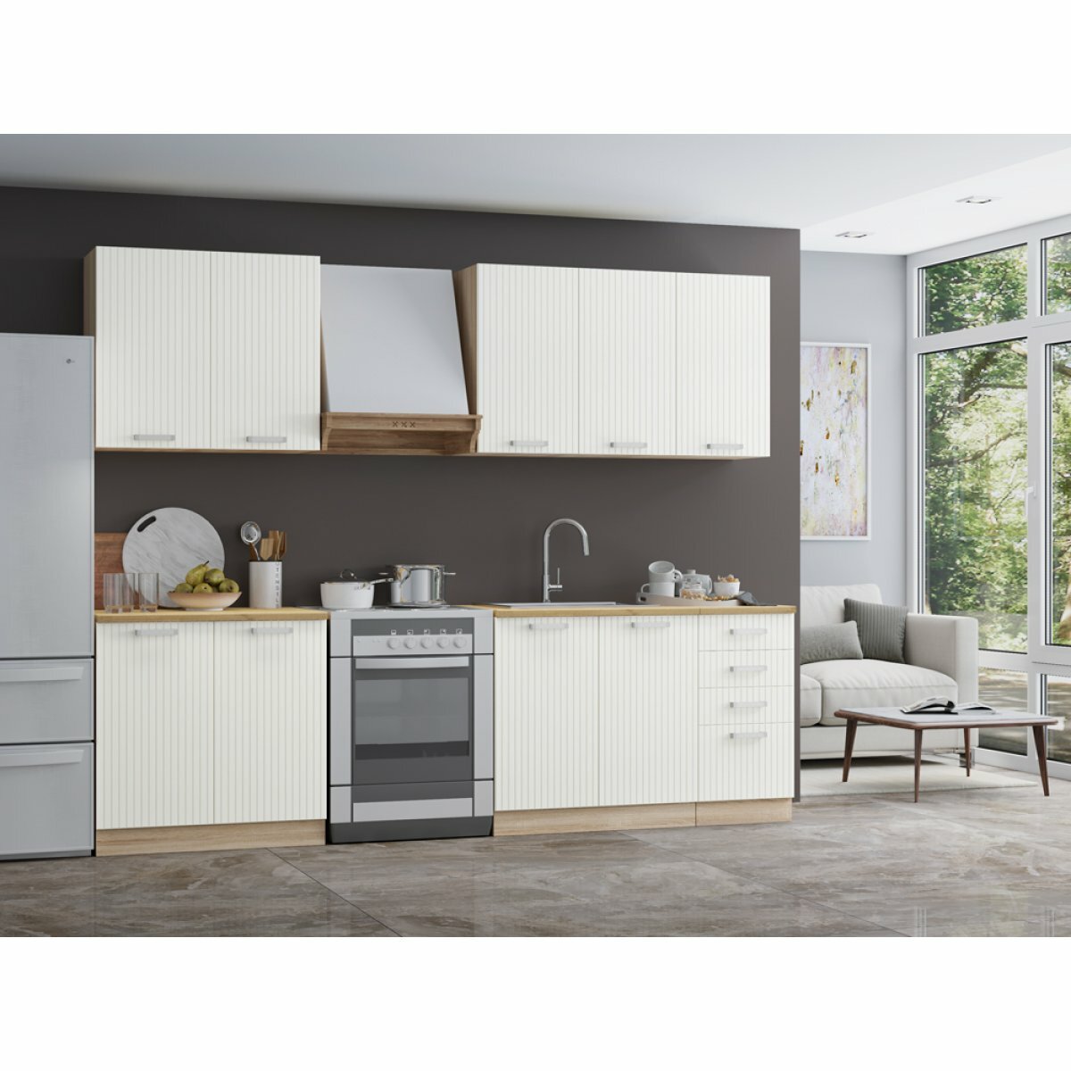 Кухня " Вельвет " 2,0 метра цвет фасадов Милк / корпус сонома , ЛДСП, МДФ