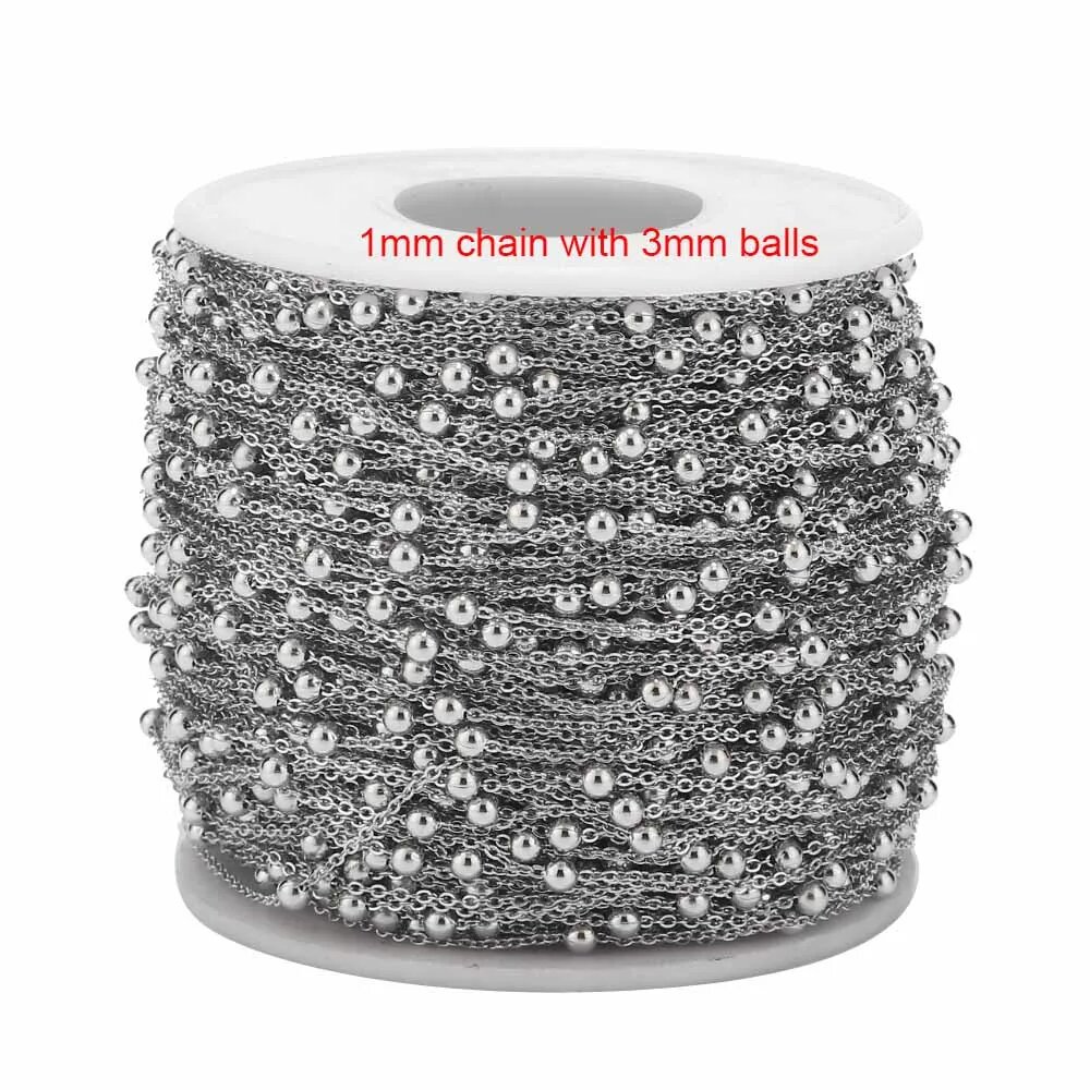 Бисерная цепочка 1 мм, 3 мм шарики, Dull Silver, 2 м