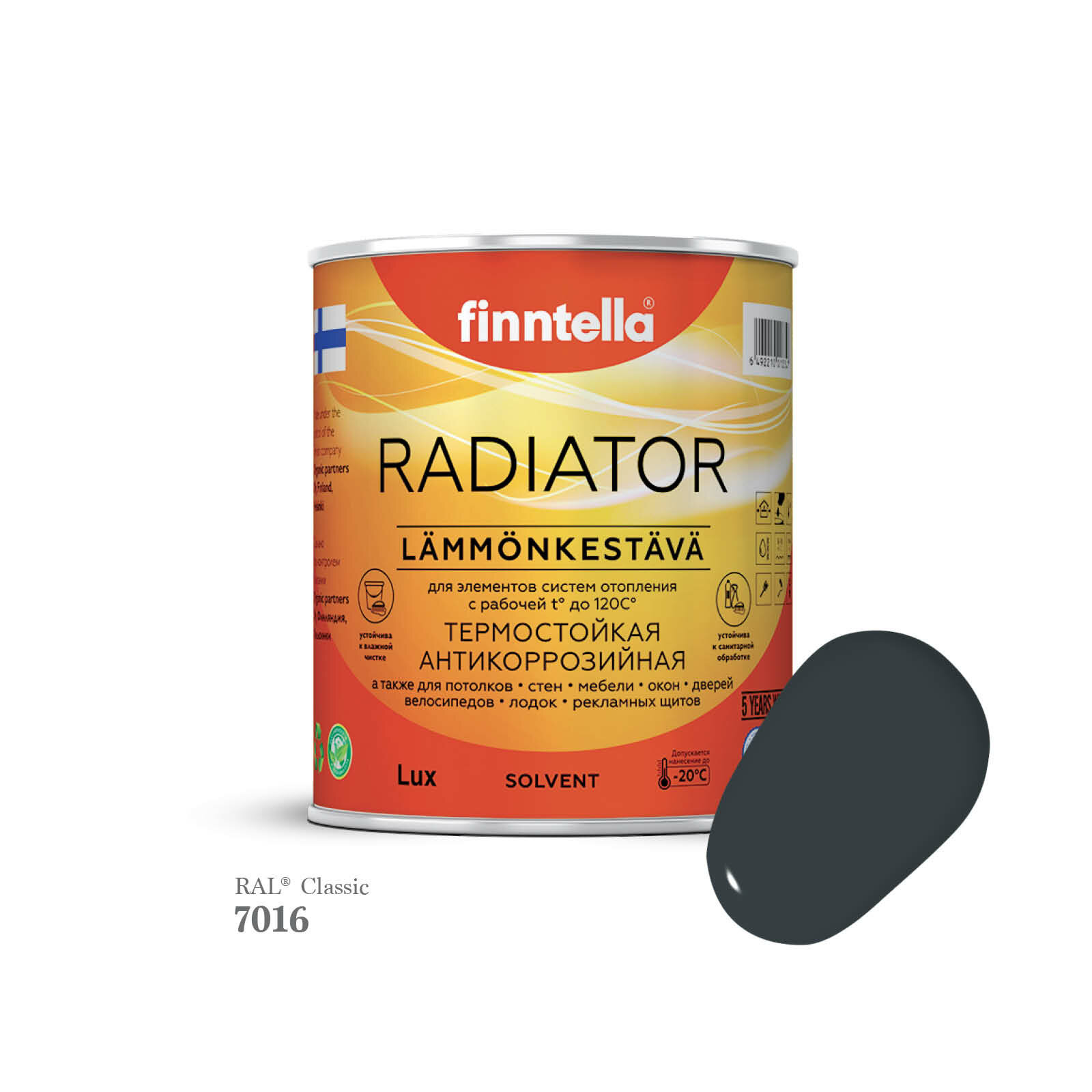 Краска для радиаторов быстросохнущая финская эмаль FINNTELLA RADIATOR, цвет RAL7016 , 0,9л