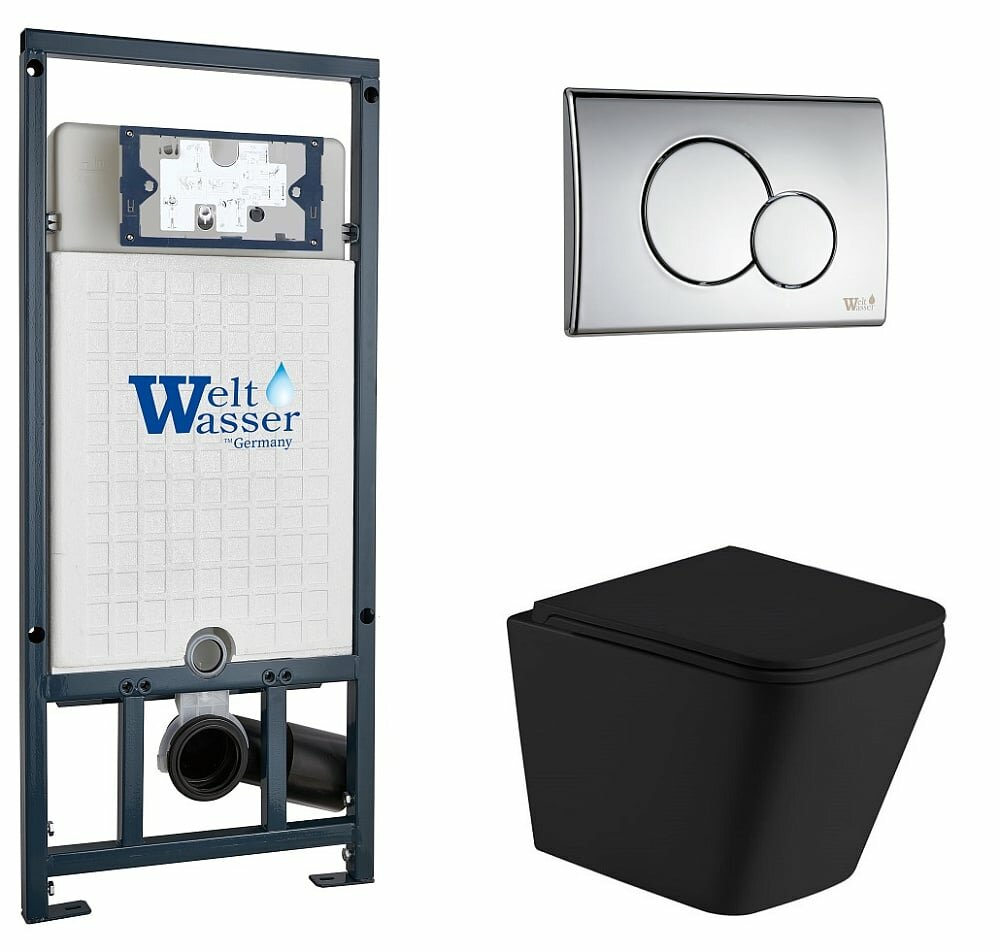 Комплект унитаз с инсталляцией WELTWASSER Italo 49x34x36,5, фаянс, прямоугольная, подвесной, безободковый, горизонтальное (в стену), черный