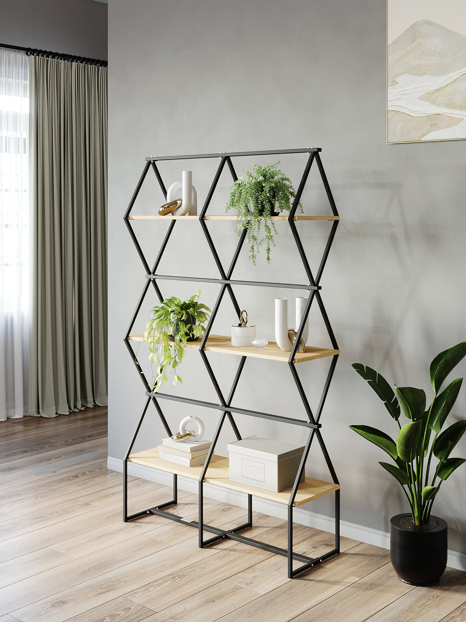 Стеллаж для рассады KM LOFT Ромбо стL черный/дуб сонома лофт для дома в гостинную перегородка