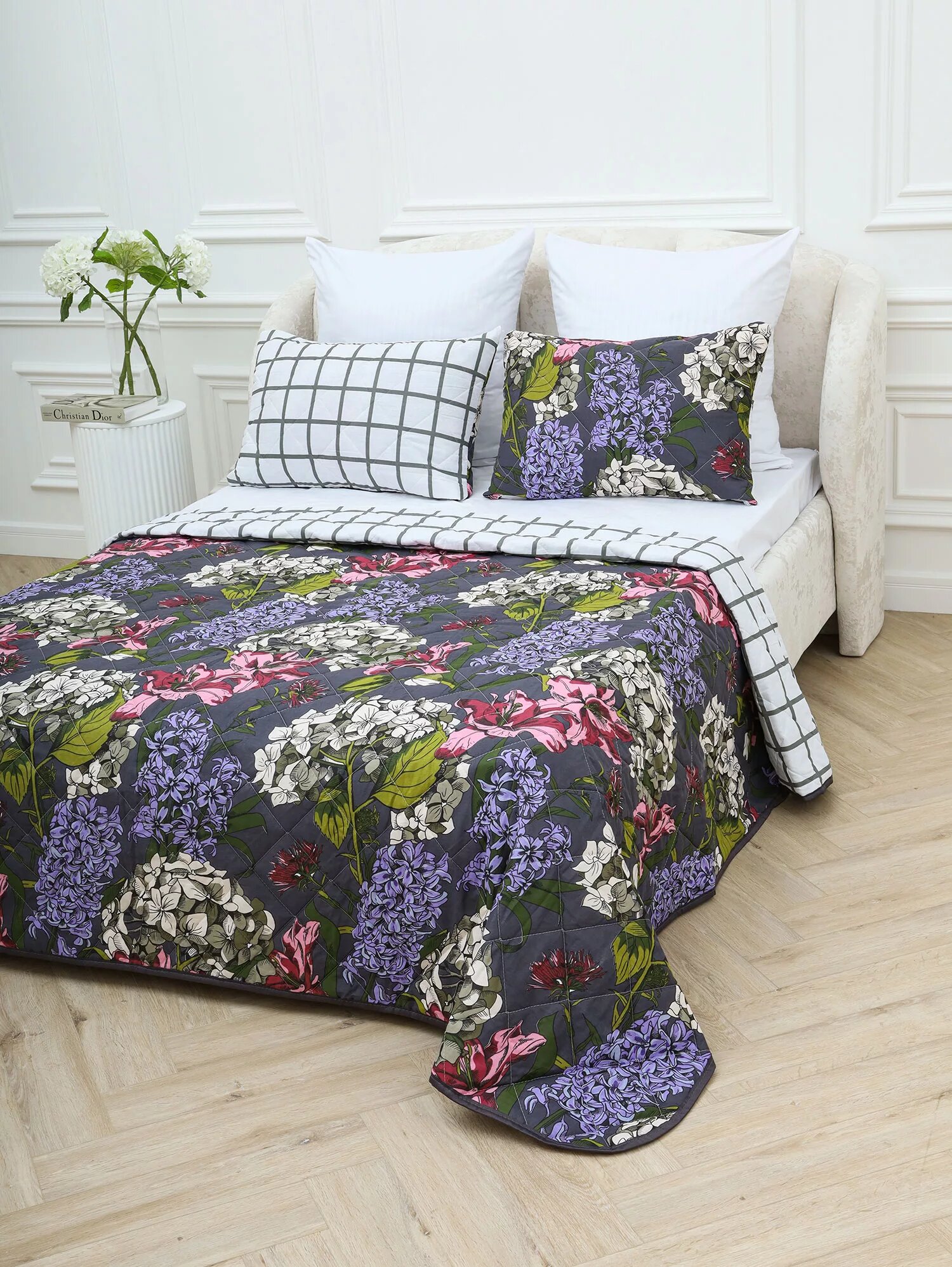 Стеганое двухстороннее покрывало из поплина PB-028 Elintale (кремовый-серый), 150x215