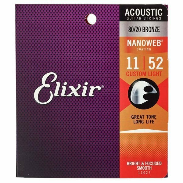 Elixir 11027 Nanoweb Custom Light Комплект струн для акустической гитары, 11-52