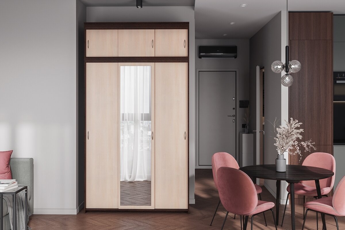 Шкаф-купе Миллениум-3 с антресолью Дуб Молочный для одежды с зеркалом трехдверный 120*250*70