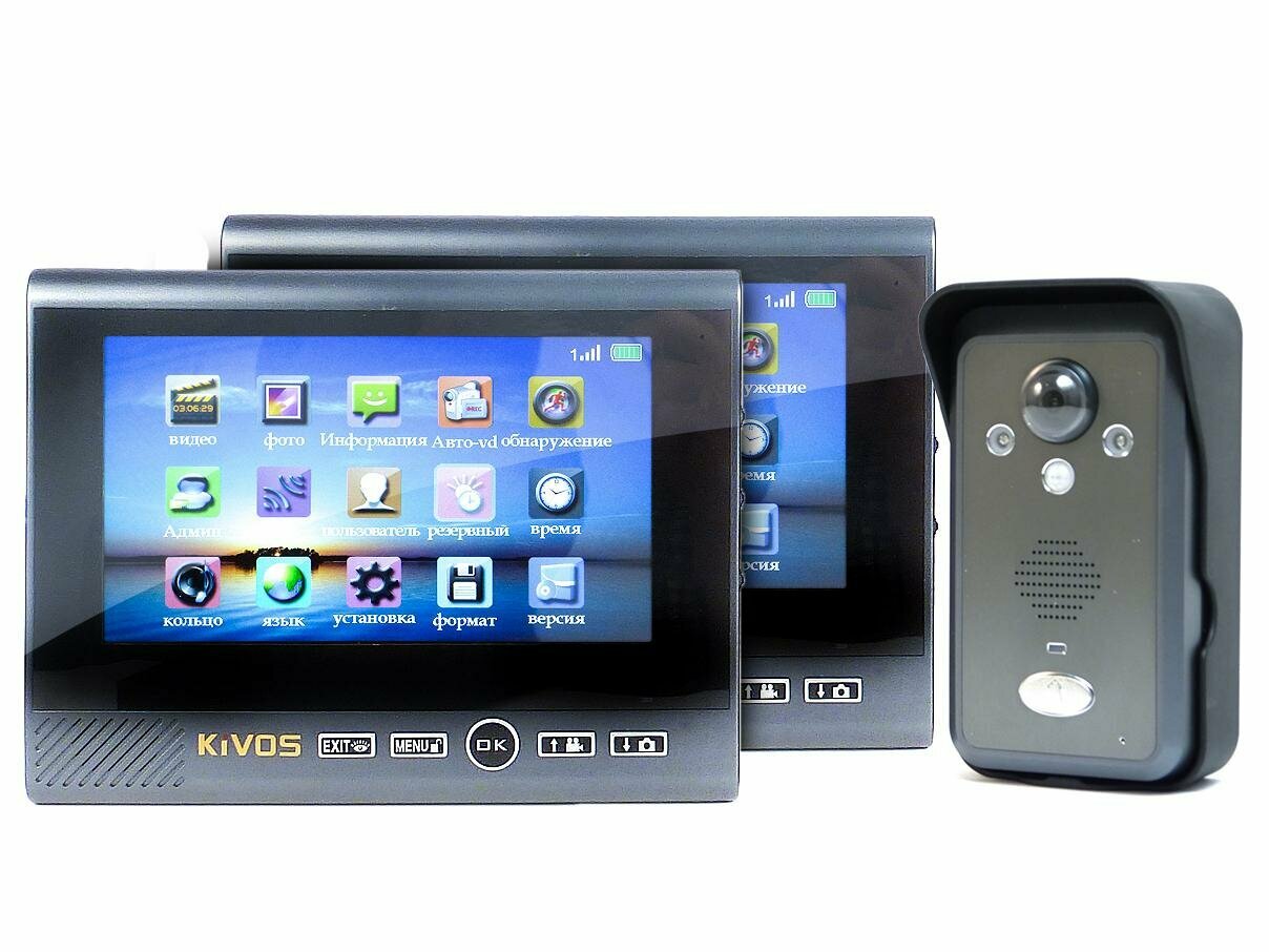 Комплект мобильный радиоканальный видеодомофон Kiwos-7 REC (1/2) и беспроводная аккумуляторная вызывная панель с ИК подсветкой.