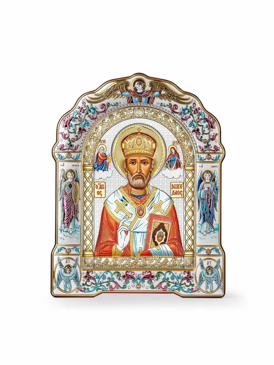 Икона серебряная, греческая Николай Чудотворец 167х228мм.