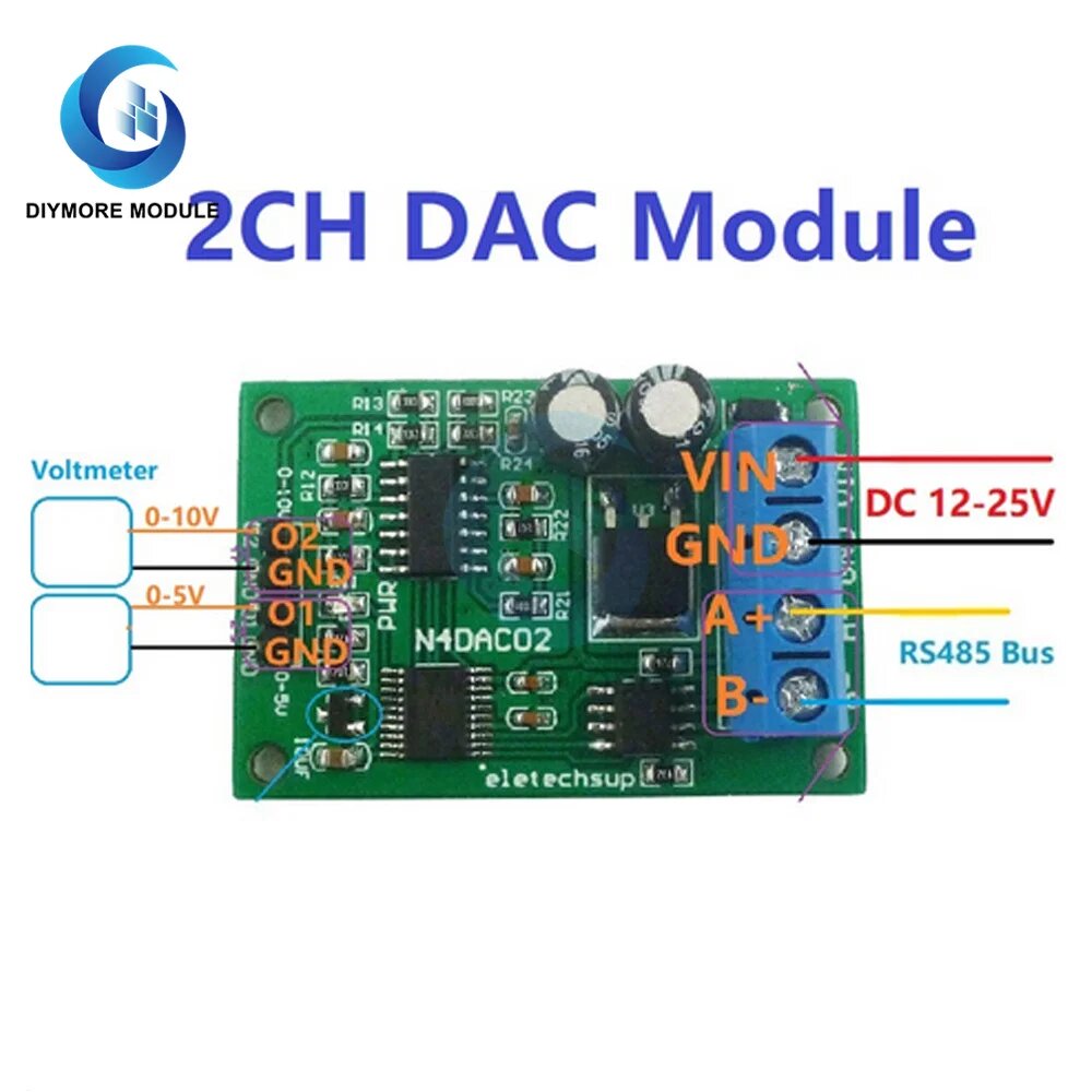 DC 12В 2-канальный ЦАП модуль RS485 Modbus RTU