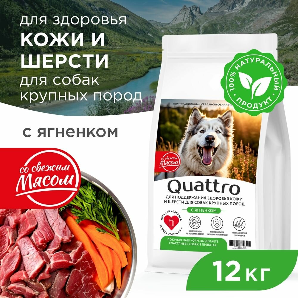 Корм сухой для взрослых собак крупных пород, премиум полнорационный комплекс, здоровье кожи и шерсти, с ягненком, 12 кг, QUATTRO