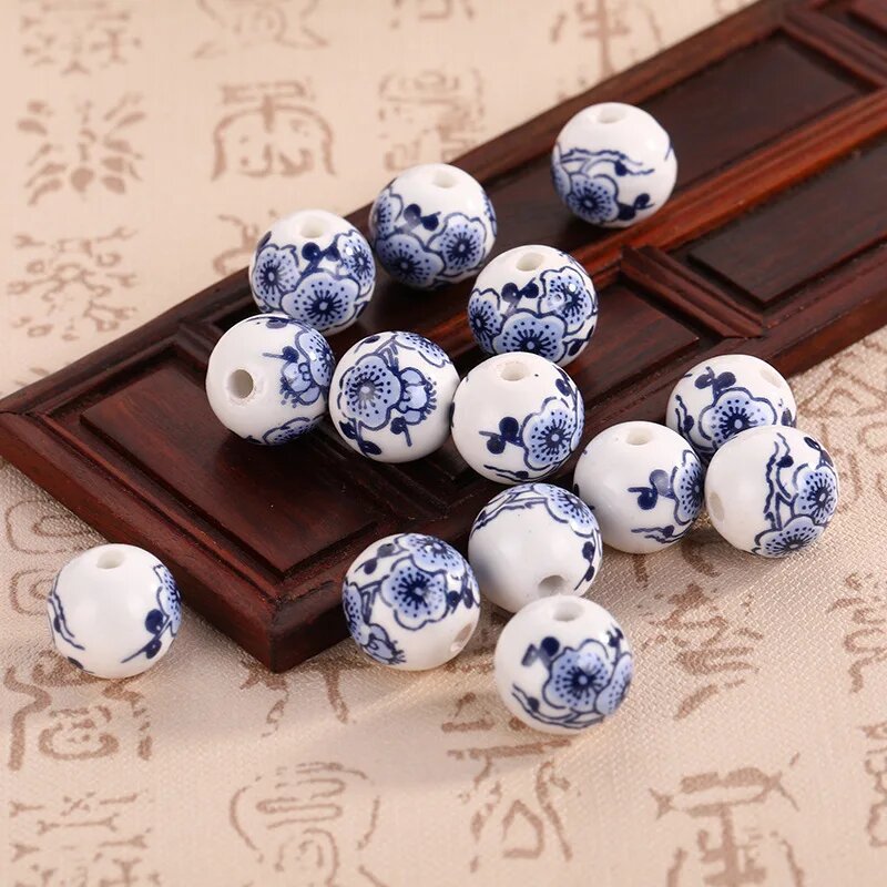 Керамические бусины цветочные узоры 6/8/10/12 мм Темно-синий, 6mm 10pcs, 008