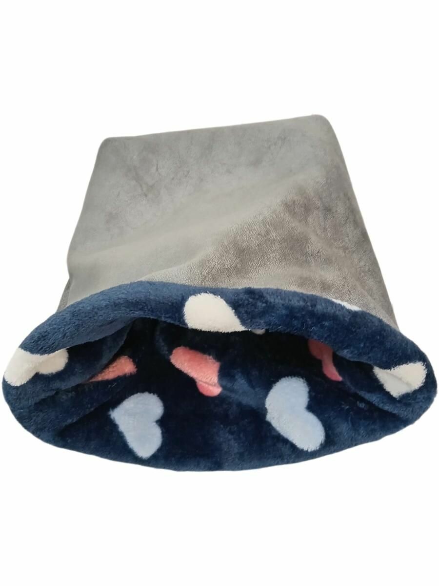 Норка- лежанка для мелких домашних животных, 25х25см, ручная_работа серая мебельная ткань + синий вельсофт.