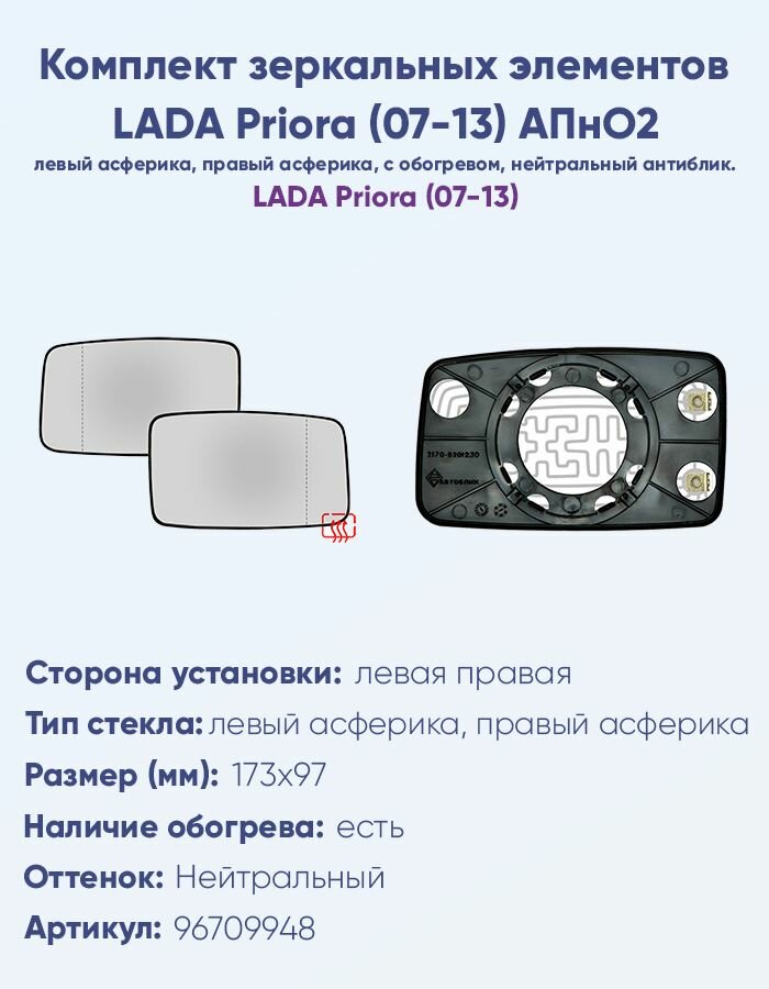 Комплект зеркальных элементов LADA Приора (2007-13) с обогревом и асферическими противоослепляющими отражателями нейтрального тона.