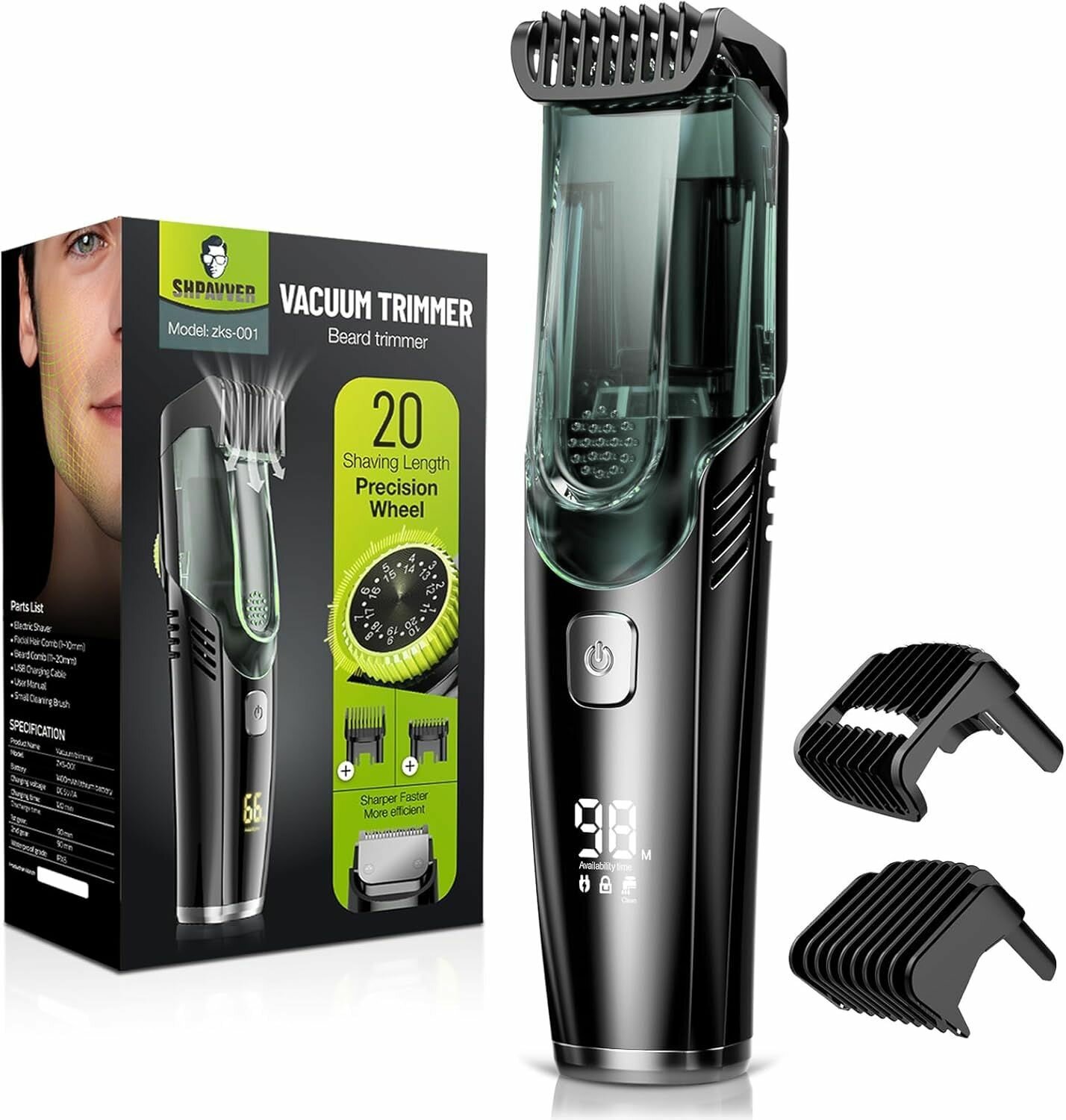 Мужской аккумуляторный вакуумный триммер для бороды с регулируемой длиной гребня (1-20 мм), водонепроницаемый IPX6, встроенный электрический триммер для бороды, усов и щетины