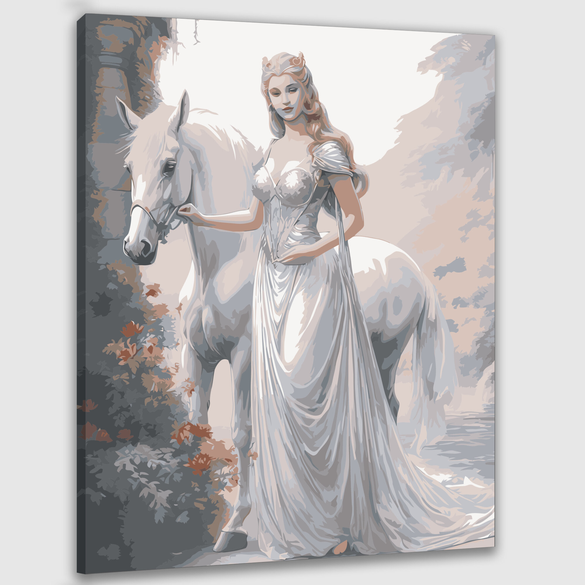 Картина по номерам 40x50 см, единорог, дама, платье, пейзаж, холмы, небо, карандашный набросок, очаровательный