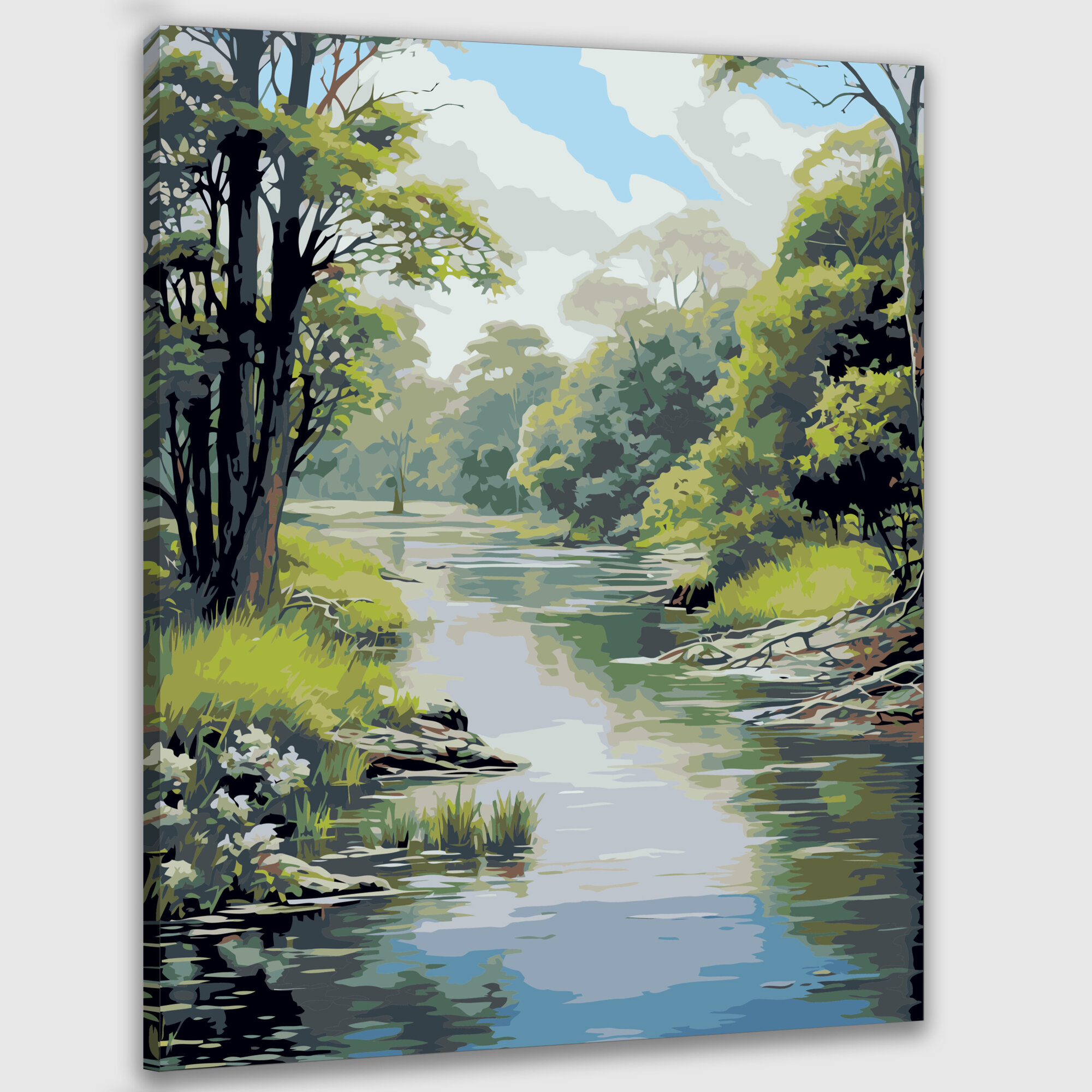 Картина по номерам 40x50 см, картина, масло, спокойная сцена, берег реки, зеленые деревья, отражение в воде, природа