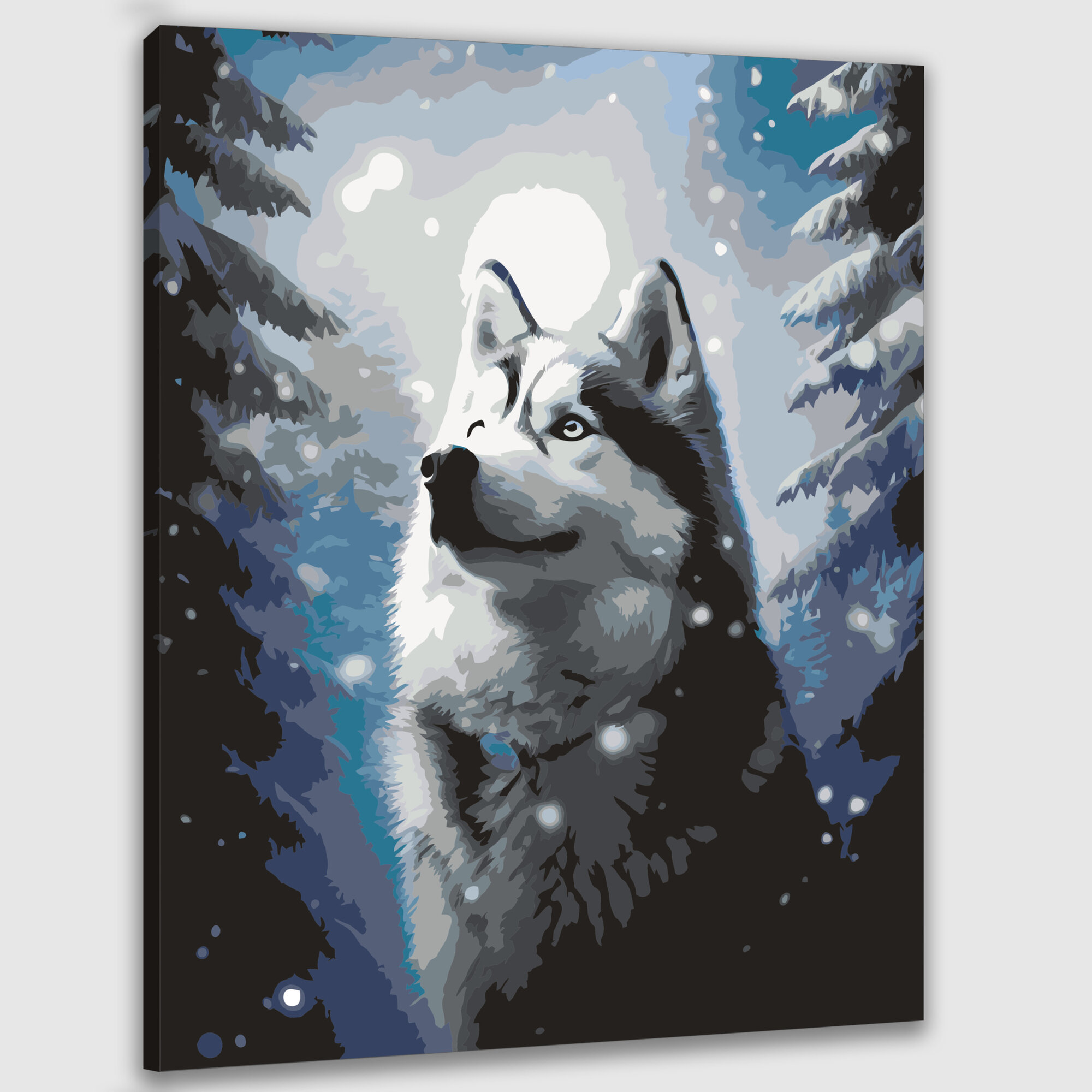 Картина по номерам 40x50 см, хаски, зимний пейзаж, снег, сосны, фотография, иней, глаза, чудо, приключения