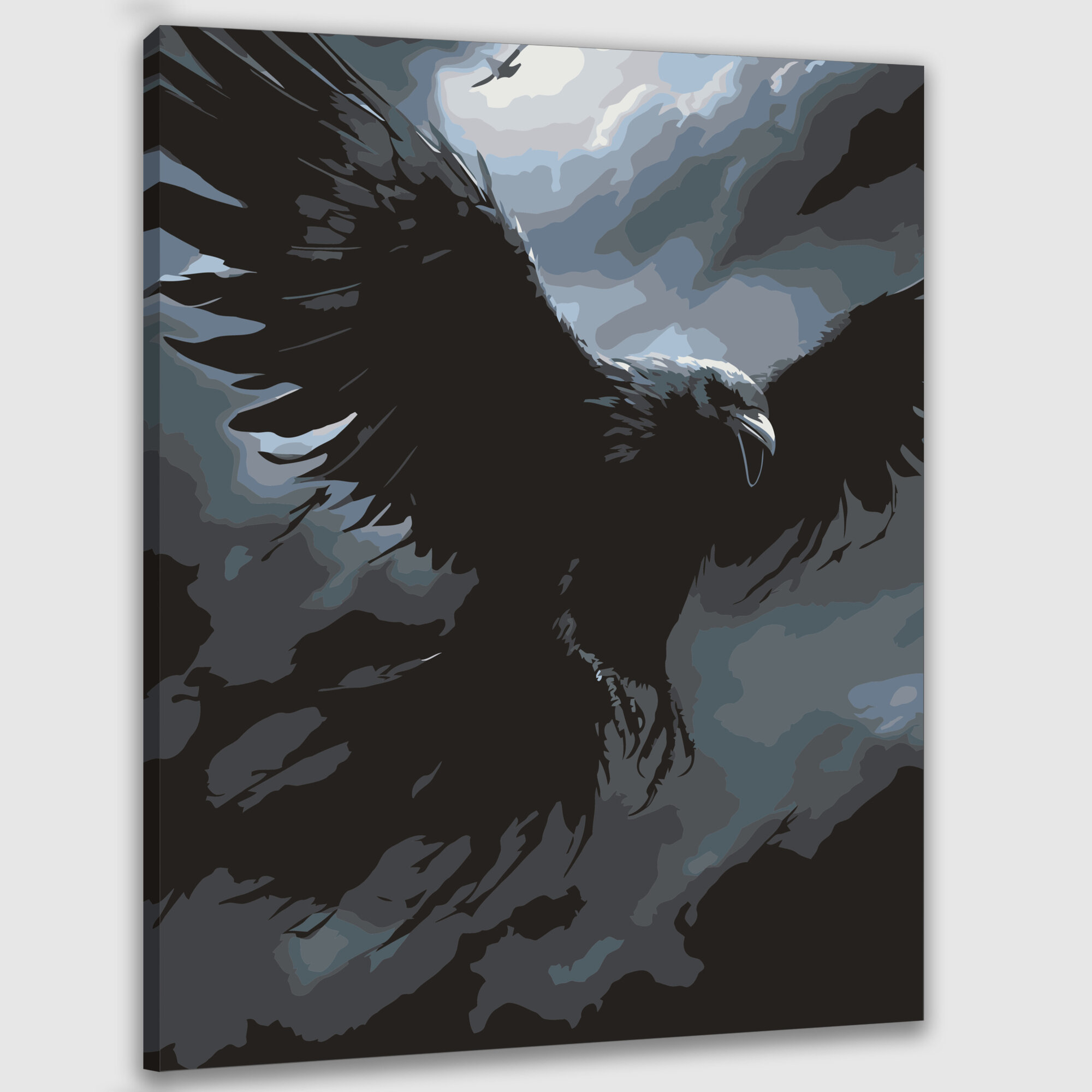 Картина по номерам 40x50 см, ворон, грозовое небо, парящий, черные перья, блестят, капли дождя, неспокойные облака