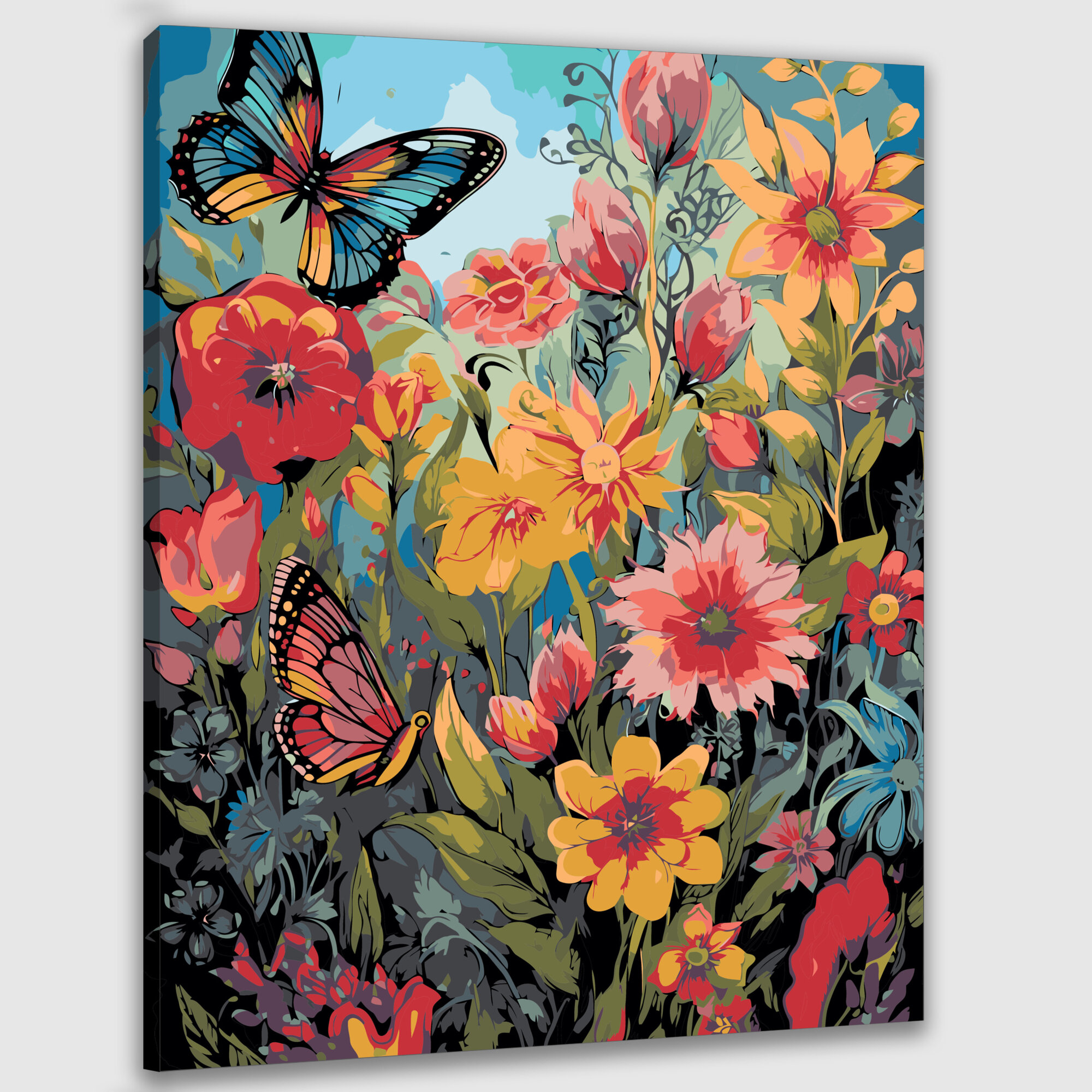 Картина по номерам 40x50 см, акварельная картина, пышный сад, разноцветные бабочки, распускающиеся цветы