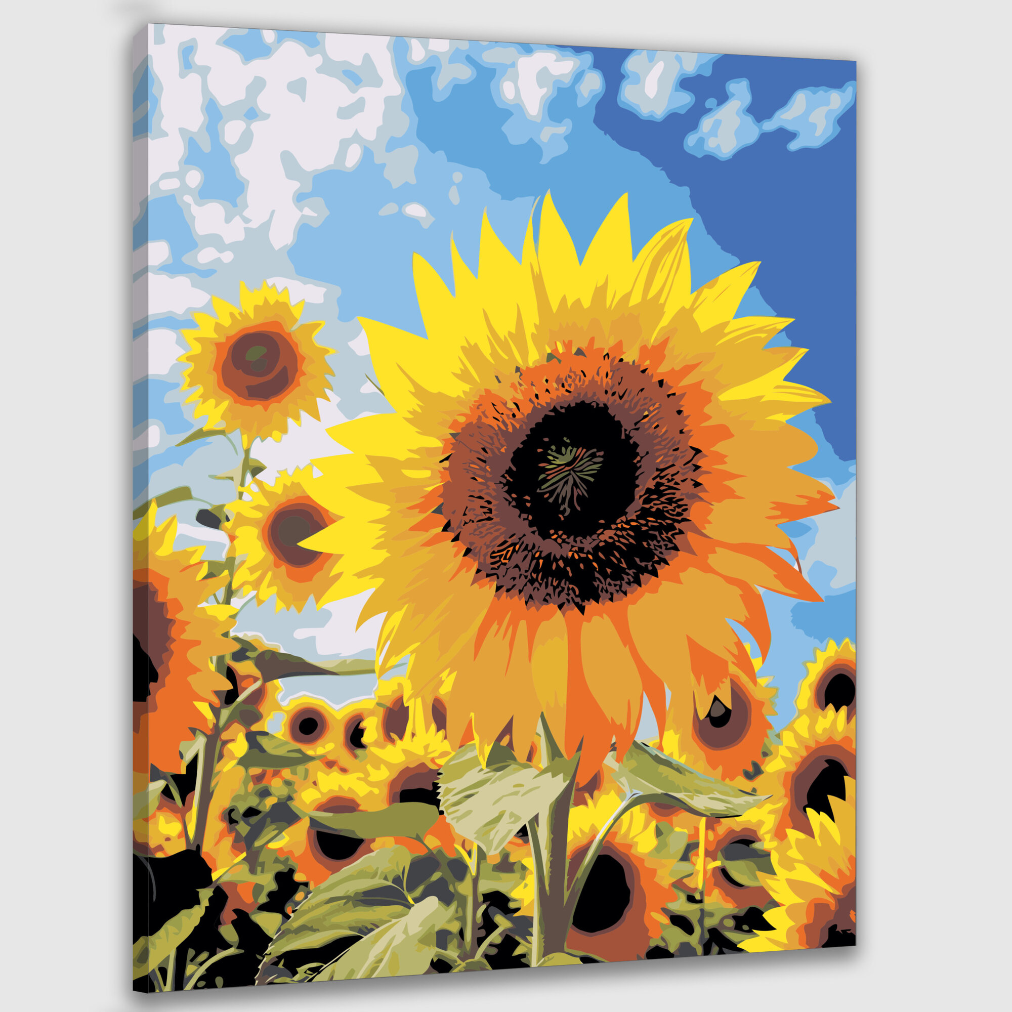 Картина по номерам 40x50 см, подсолнухи, солнце, поле, желтые лепестки, яркие краски, солнечные лучи, золотистое сияние