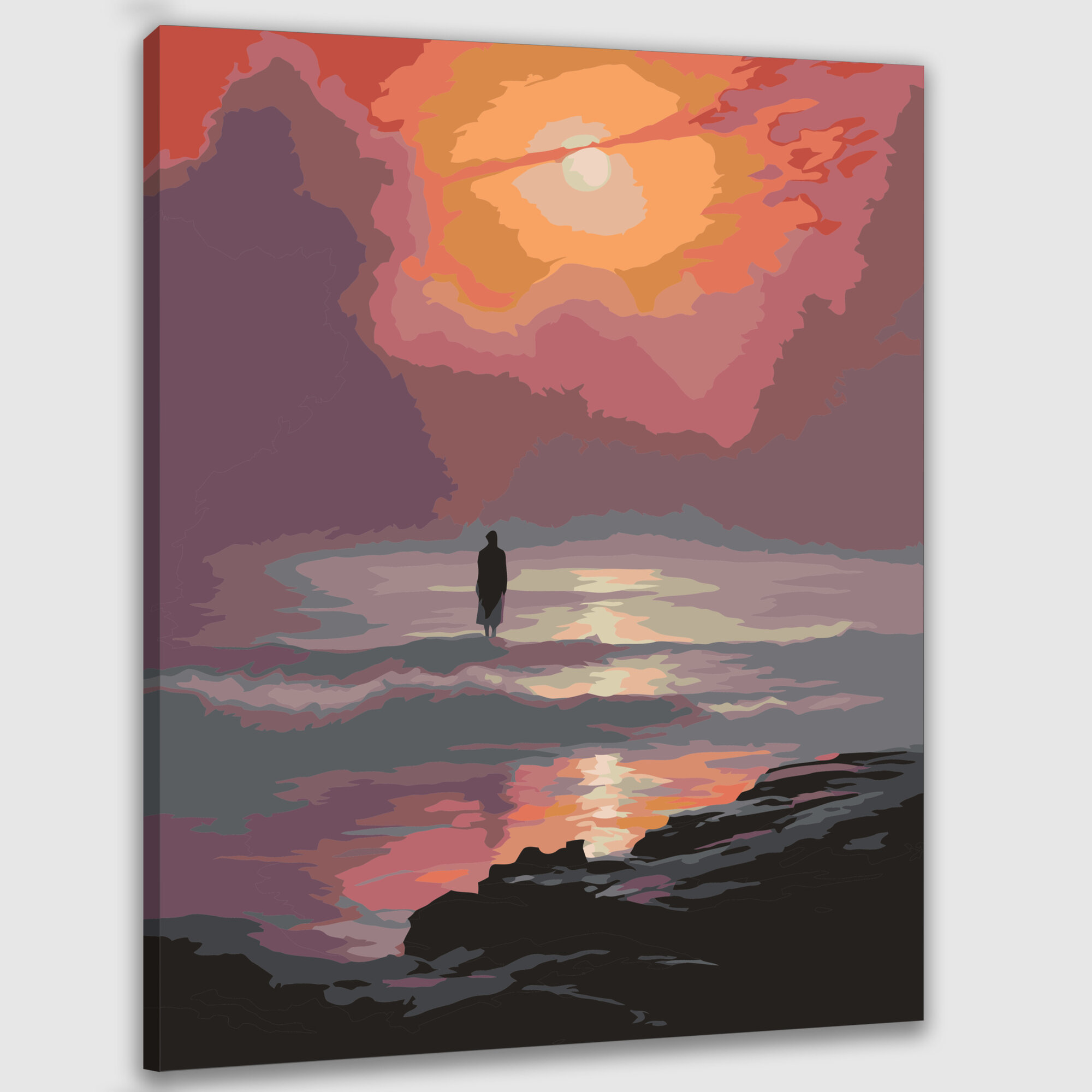 Картина по номерам 40x50 см, картина маслом, одинокая фигура, затянутый туман, приморский утес, горизонт, яркие оттенки