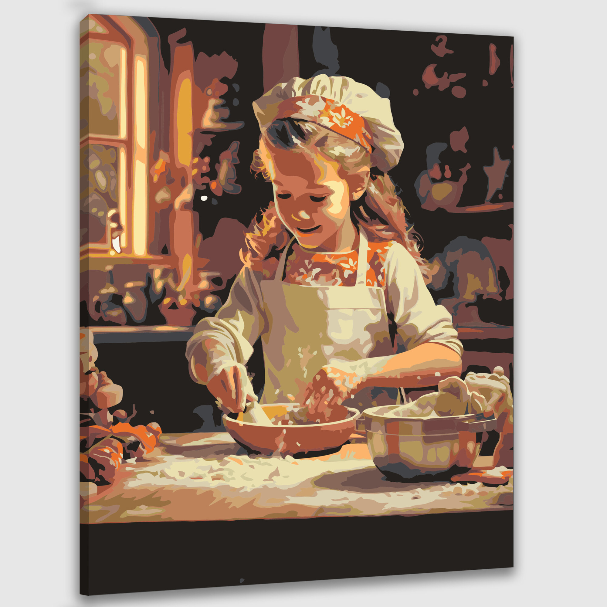 Картина по номерам 40x50 см, фотография, ребенок, фартук, тесто, печенье, кухня, посыпка, мука, волшебная каша