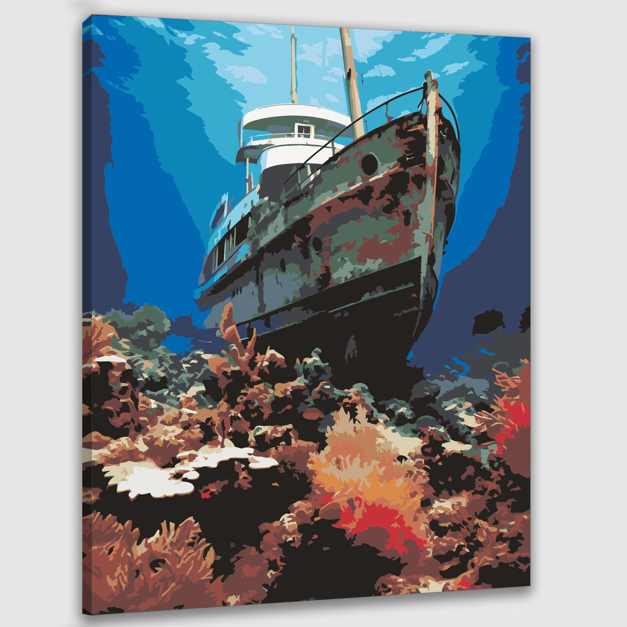 Картина по номерам 40x50 см, фотография, затонувший корабль, океан, коралловые рифы, морская флора, морская фауна