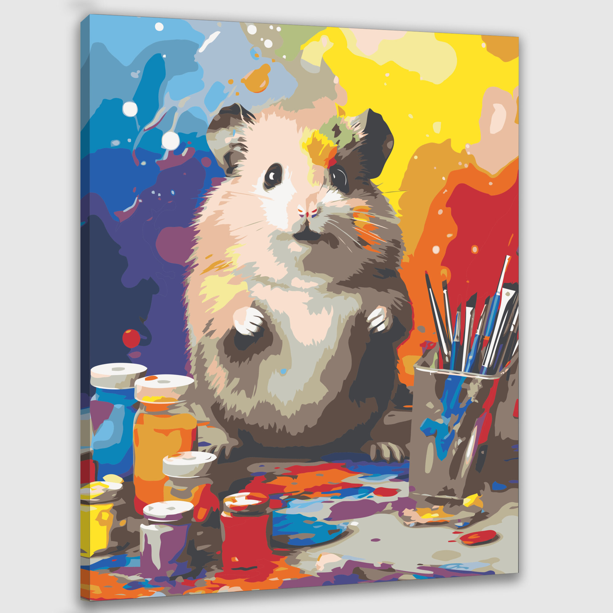 Картина по номерам 40x50 см, цифровая иллюстрация, художник-хомячок, кисть, палитра, лапки, тюбики с краской, брызги