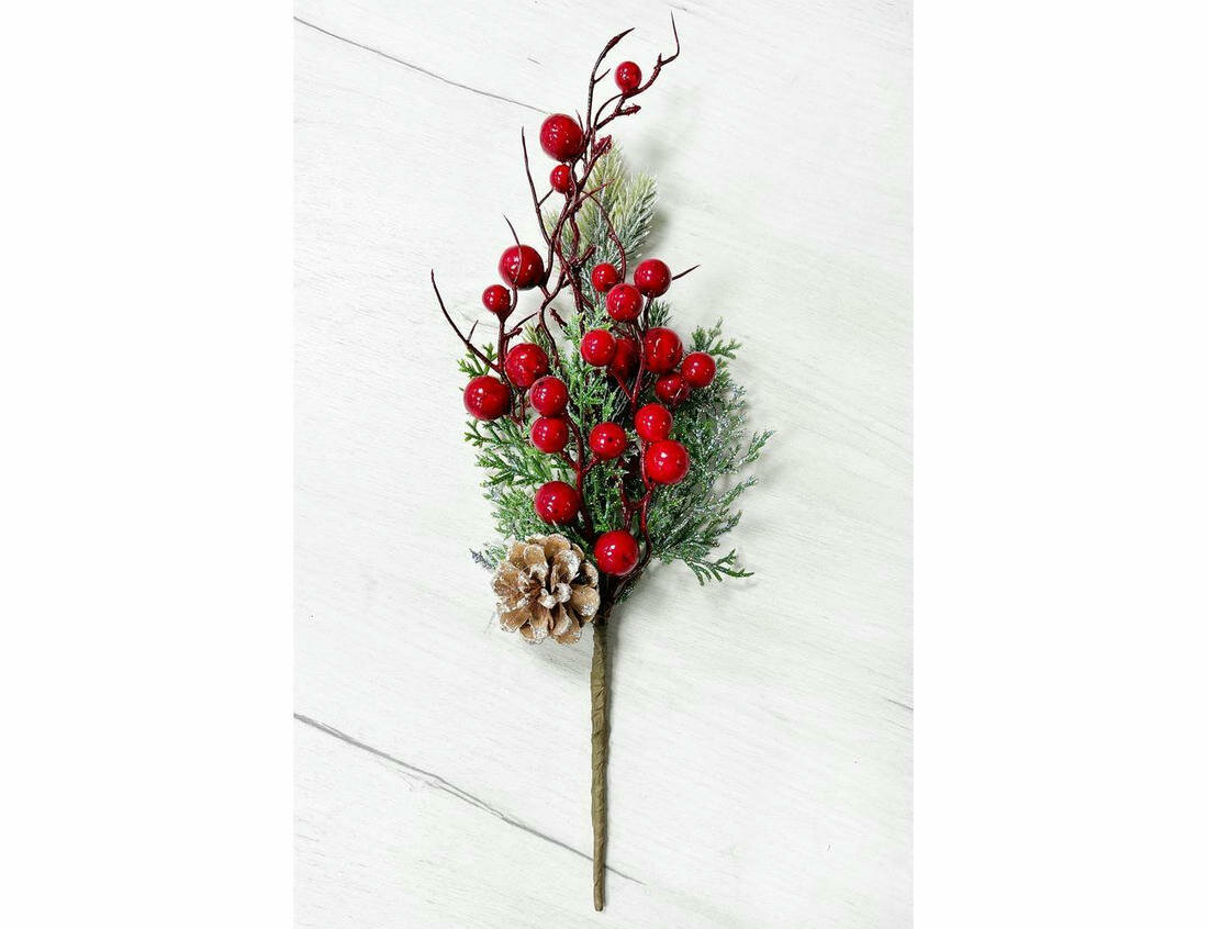 Декоративная ветка, 100% литая хвоя, искусственные ягоды, шишки, 35 см, Christmas Deluxe