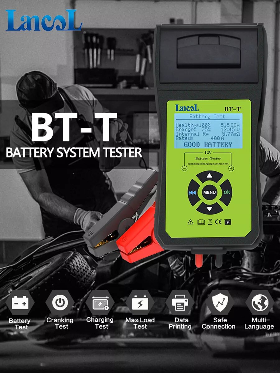 Тестер автомобильных аккумуляторов Lancol BT-T, с принтером, глубина 4,8 см