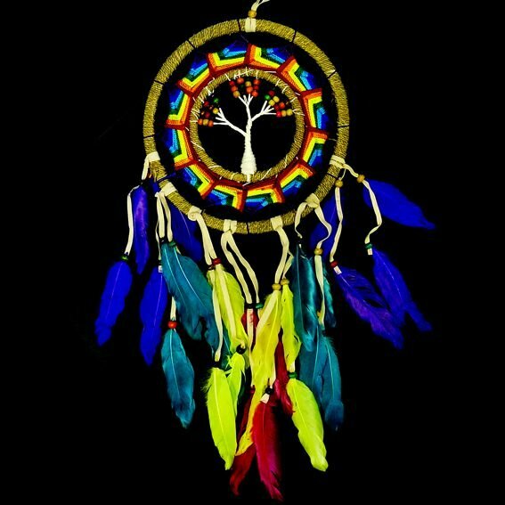 Ловец снов дерево жизни В разноцветном круге с перьями и деревянными бусинами (макраме, диаметр 22 см, длина 50 см.), 1 шт.