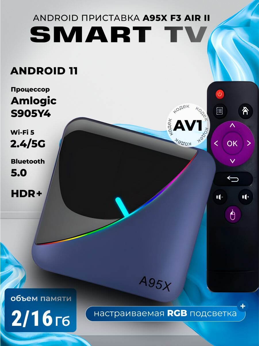 Смарт ТВ приставка A95X F3 Air II 2/16 Гб Amlogic S905Y4 медиаплеер Android 11 Smart TV Box 4K Wifi 2.4/5G WiFi 6
