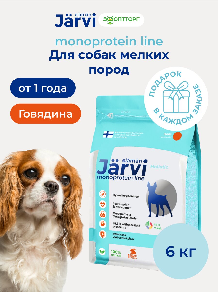 Сухой корм Jarvi Monoprotein line гипоаллергенный holistic для взрослых собак мелких пород с говядиной, 6 кг