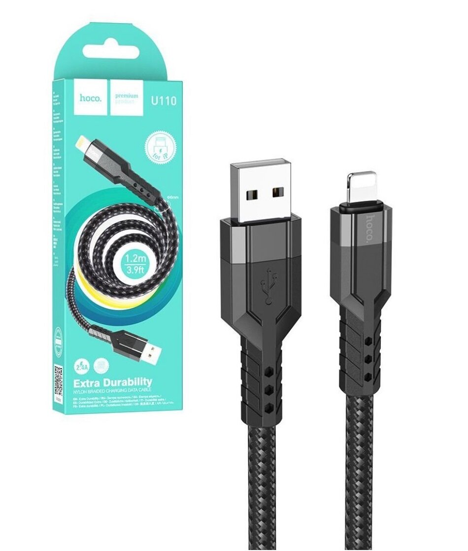 Кабель USB Lightning Hoco U110 2.4 А, 1.2 м, нейлоновая оплетка, черный