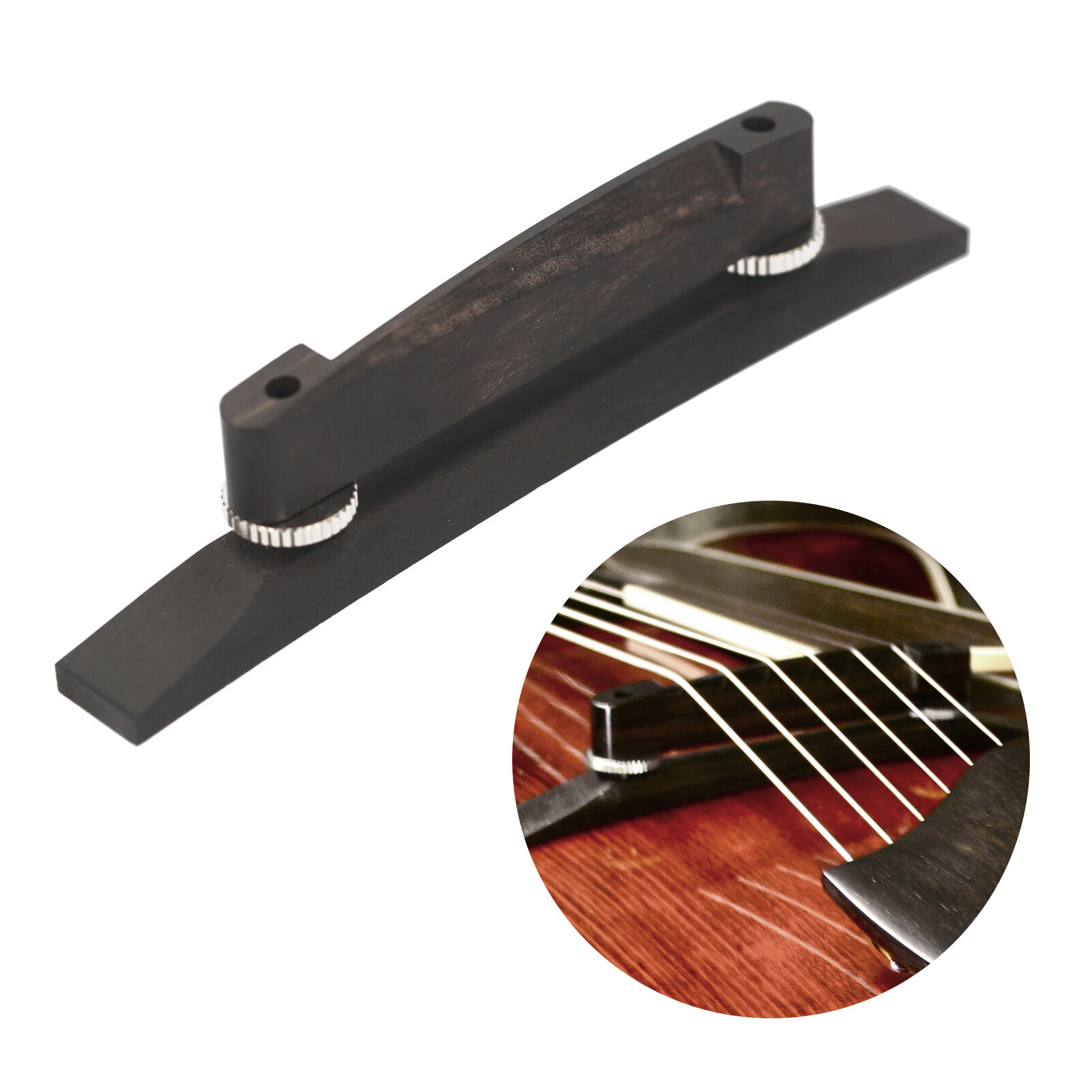 Мост для джазовой гитары Archtop Bridge с регулируемыми ручками Chrome, материал Эбони, черный цвет, размер 13.8*2.6*1.5cm, расстояние между стойками 77mm, вес 41g, 1 шт.
