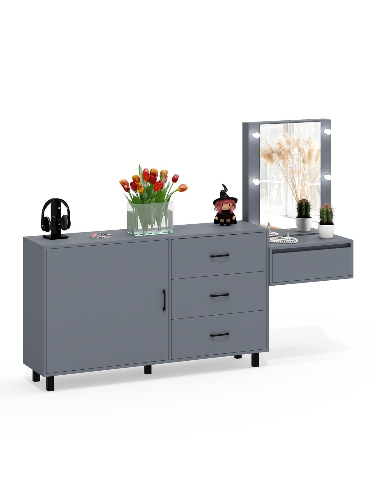 Стол косметический навесной с подсветкой и комод 122-1504, графит, 211х38,4х150 см.