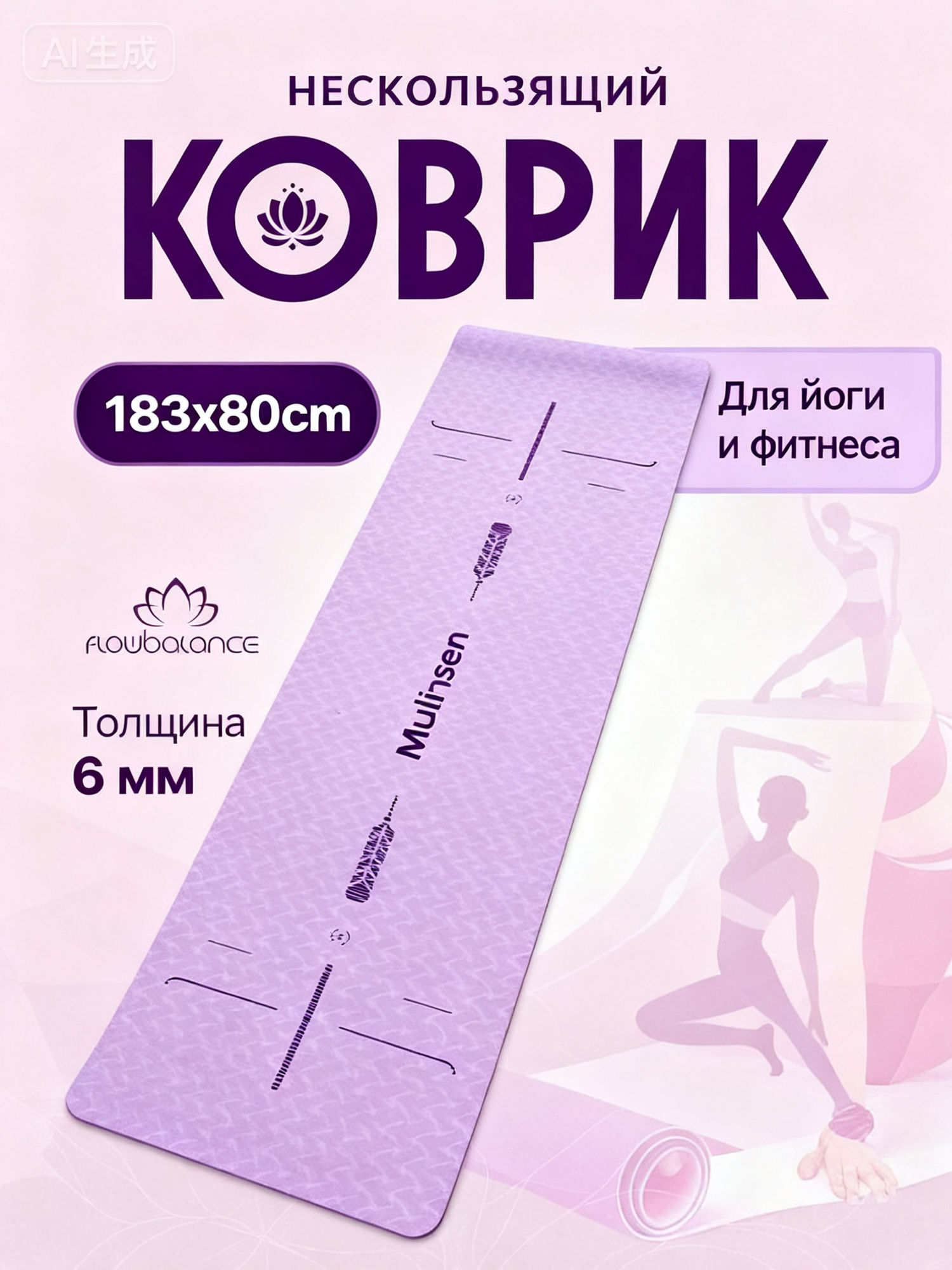 Коврик для фитнеса Mulinsen, нескользящая поверхность, с чехлом