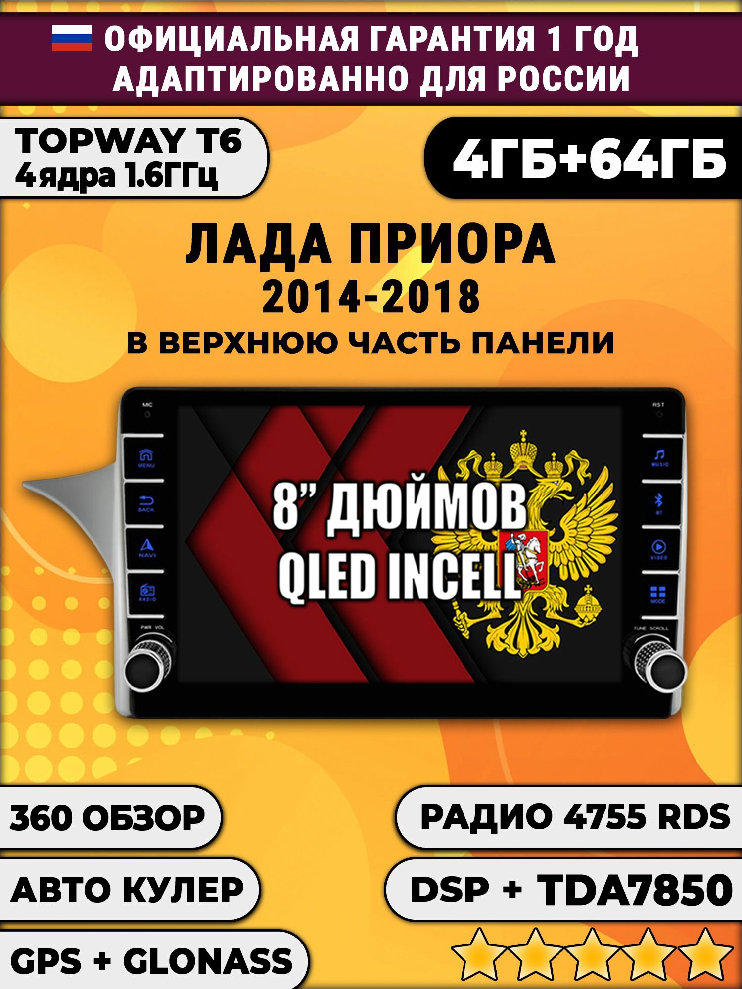 4гб+64гб с DSP и 360 для LADA PRIORA - лада приора (2014-2018), Android магнитола с DSP, рамка для установки сверху панели