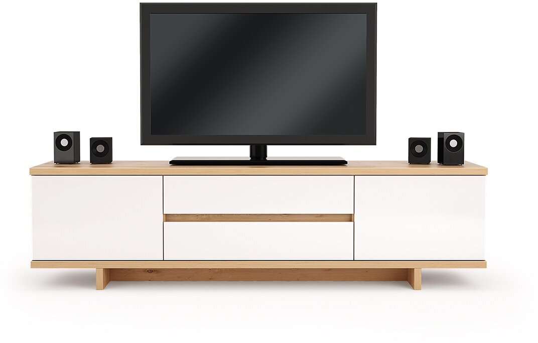 Тумба под телевизор Шервуд 91 Фабрика Стиль, 180x56.4x45см, Дуб Золотистый U1148, фасады - Милк SF-01 ADI матовый