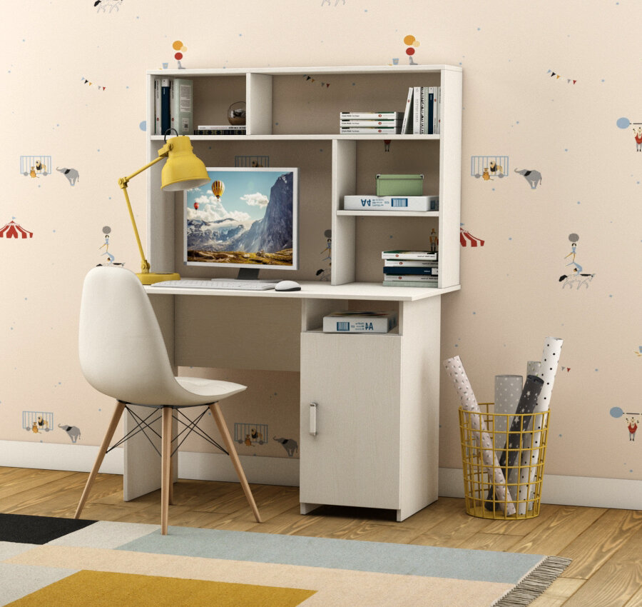 Стол письменный, стол компьютерный Лайт (Ньюкасл) 3 с надстройкой белое дерево