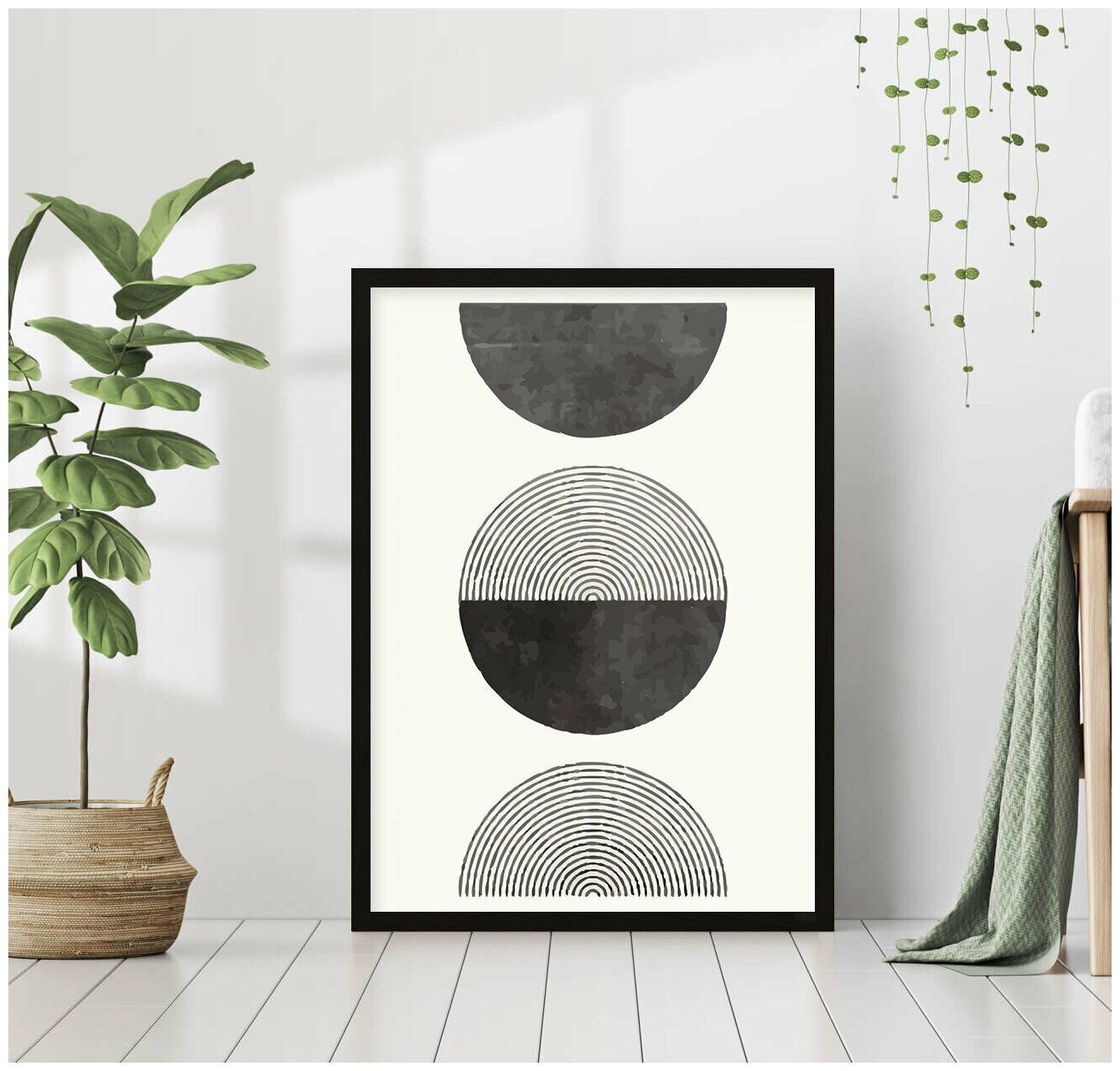 Постер "Абстракция черно белая, линейный рисунок, минимализм, линии, шар, полукруг" 40х50 в черной рамке для интерьера на стену
