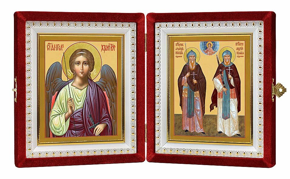 Складень именной "Преподобные Александр Пересвет и Андрей Ослябя Радонежские - Ангел Хранитель", размер ликов 10*12 см