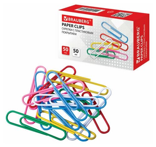 Скрепки большие 50 мм, цветные, 50 шт, в картонной коробке, BRAUBERG, 221533