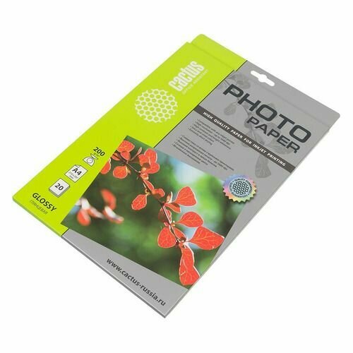 Фотобумага Cactus CS-GA420020, A4, для струйной печати, 20л, 200г/м2, белый, покрытие глянцевое