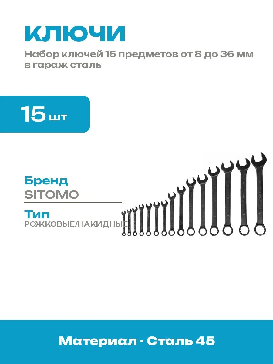Комплект ключей 15 шт сталь 45 комбинированные метрические