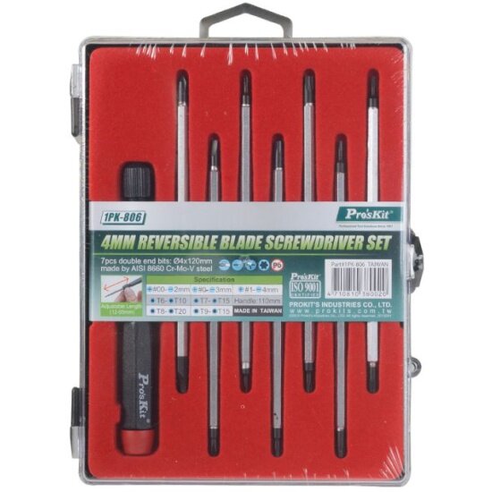 Отвертка со сменными битами Pro'skit 1PK-806, 7 двусторонних бит, магнитный адаптер