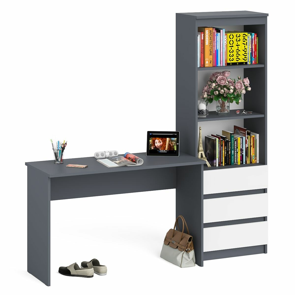 Компьютерный стол для дома, для школьника письменный Спасибо-Мебель 181см графит/белый