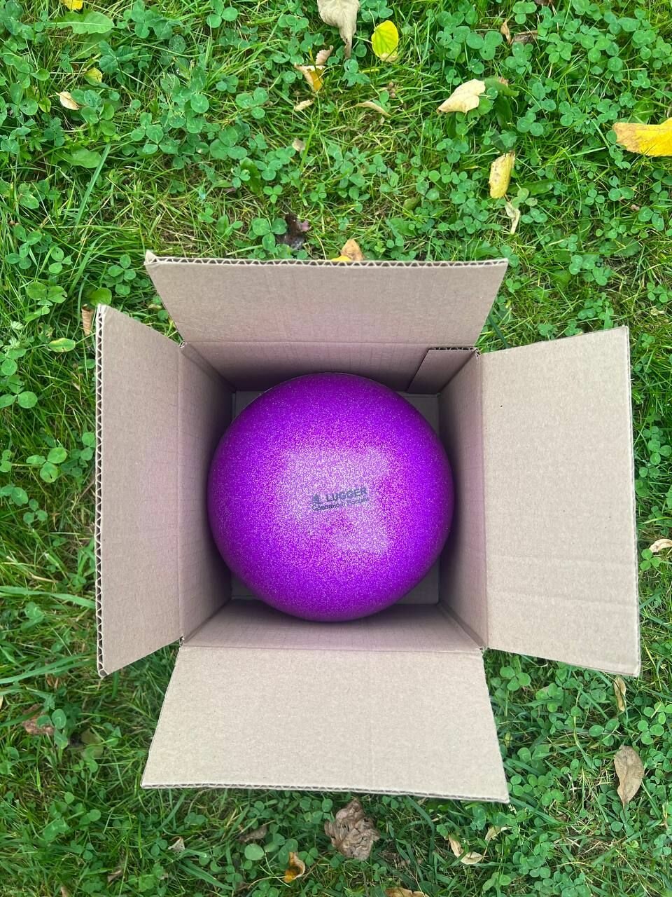 Мяч для художественной гимнастики Lugger 19 см фиолетовый с блестками накачанный.